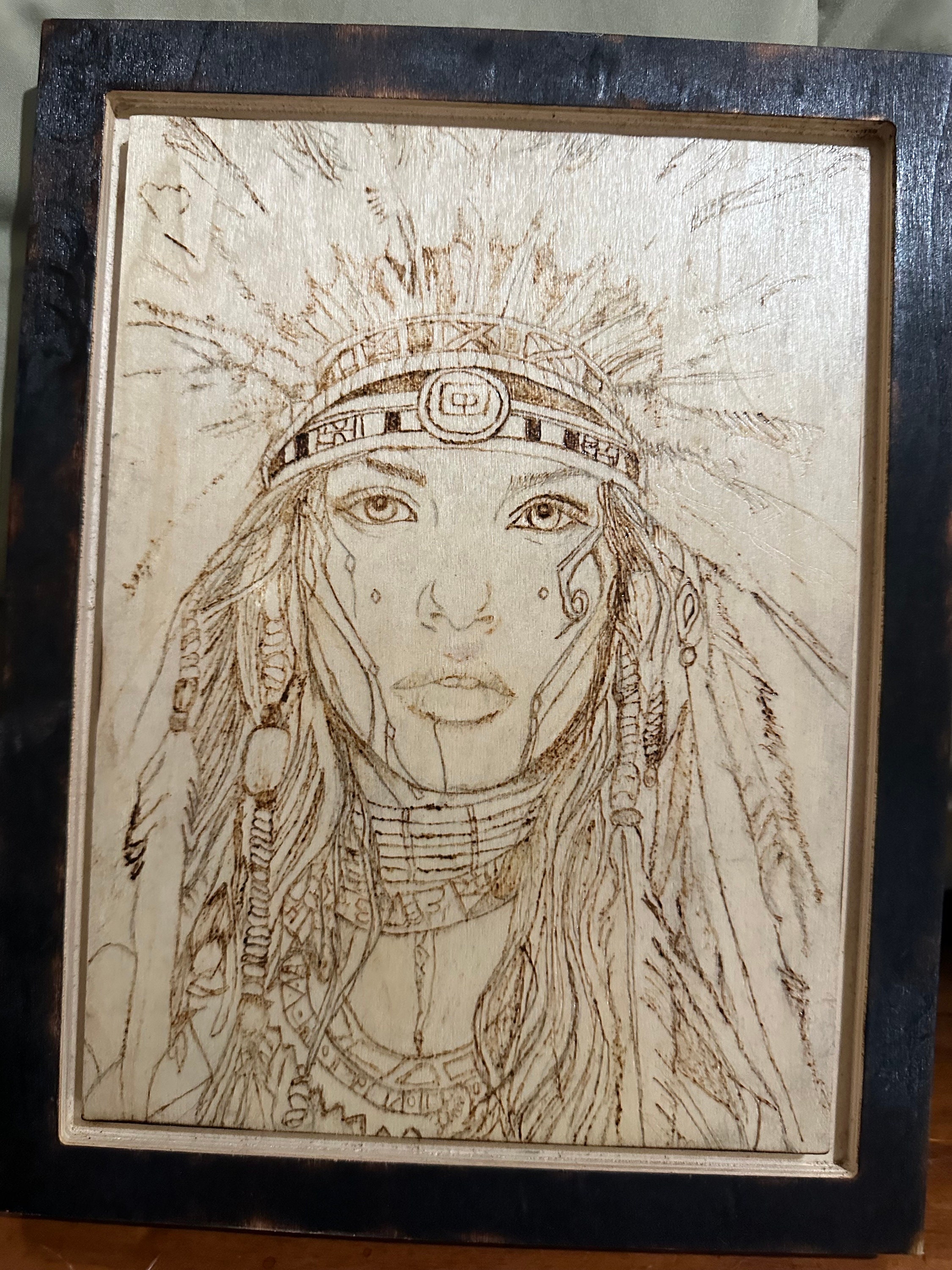 Handmade Wood Burning Art of Native American Woman in Feather Headdress ...