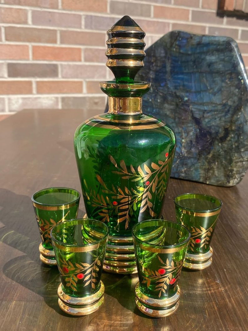 Antique Handmade Glass Decanters W Glasses (multiple Sets) - Etsy