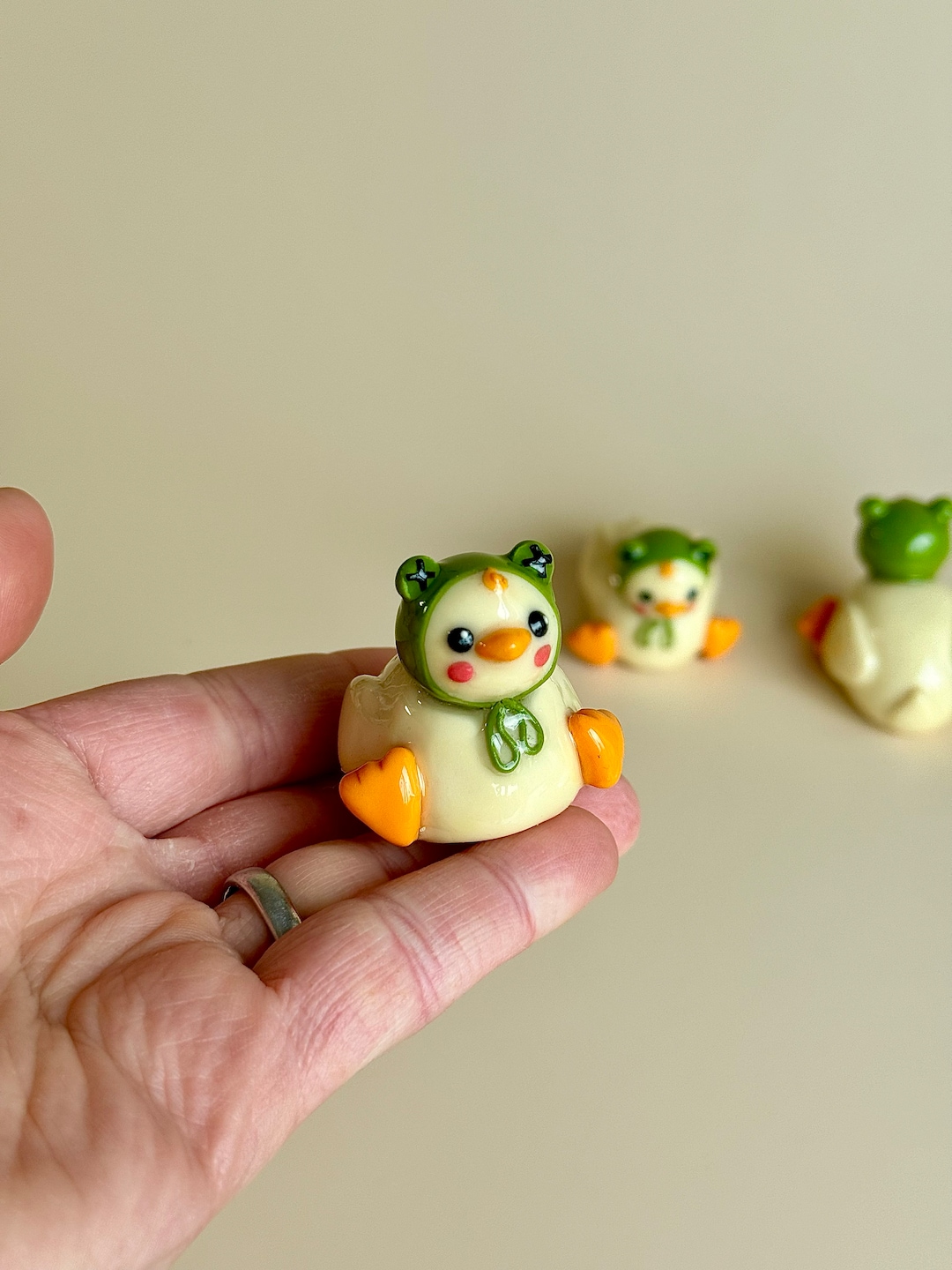 Chubby Duck in Frog Hat Polymer Clay Bird Figurine, Mini Cottagecore Kawaii Desk Decor - Etsy