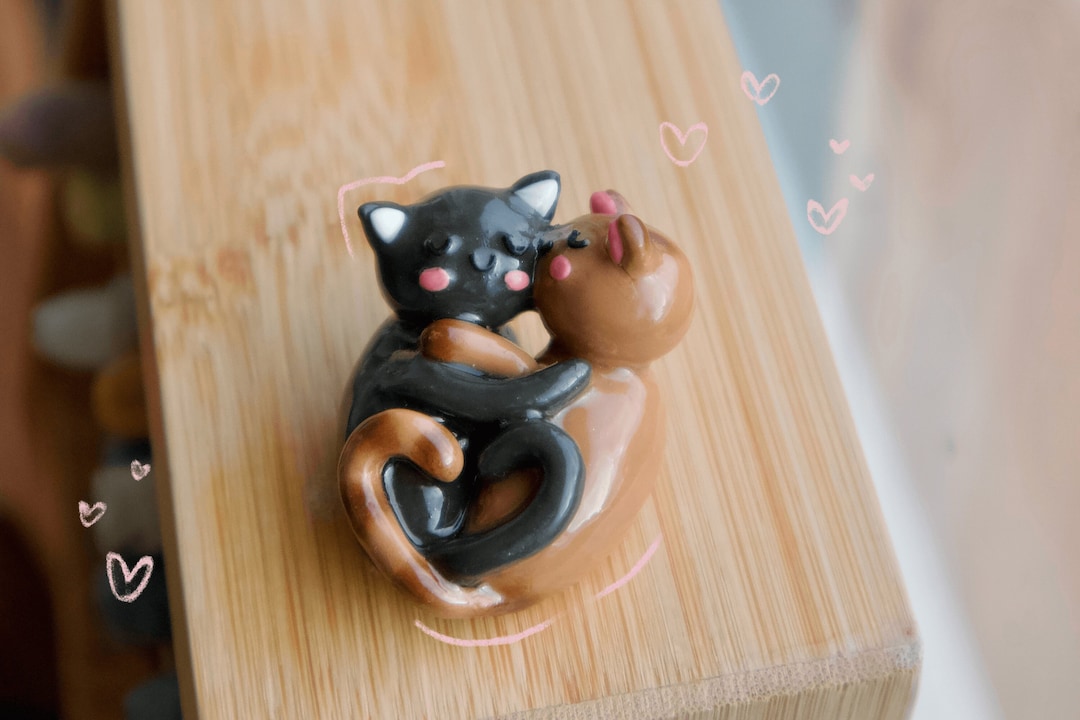 Cuddling Mini Cats Figurine, Handmade Polymer Clay Desk Friend, Home ...