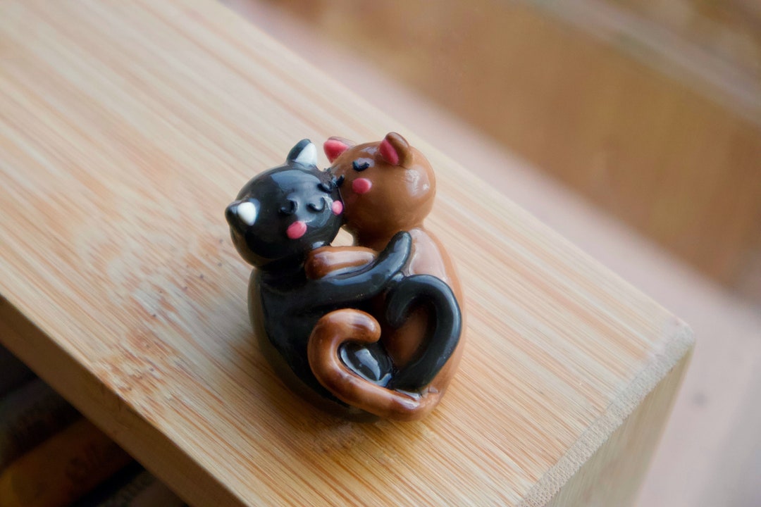 Cuddling Mini Cat Figurine, Adorable Handmade Polymer Clay Desk Friend ...