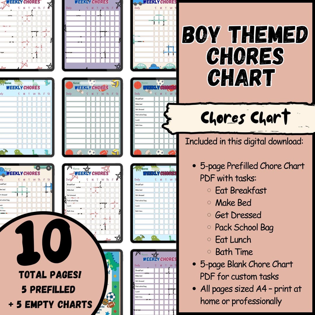 Printable Boys Chore Chart Bundle – 5 Designs (car, Stars, Dino, Sport ...