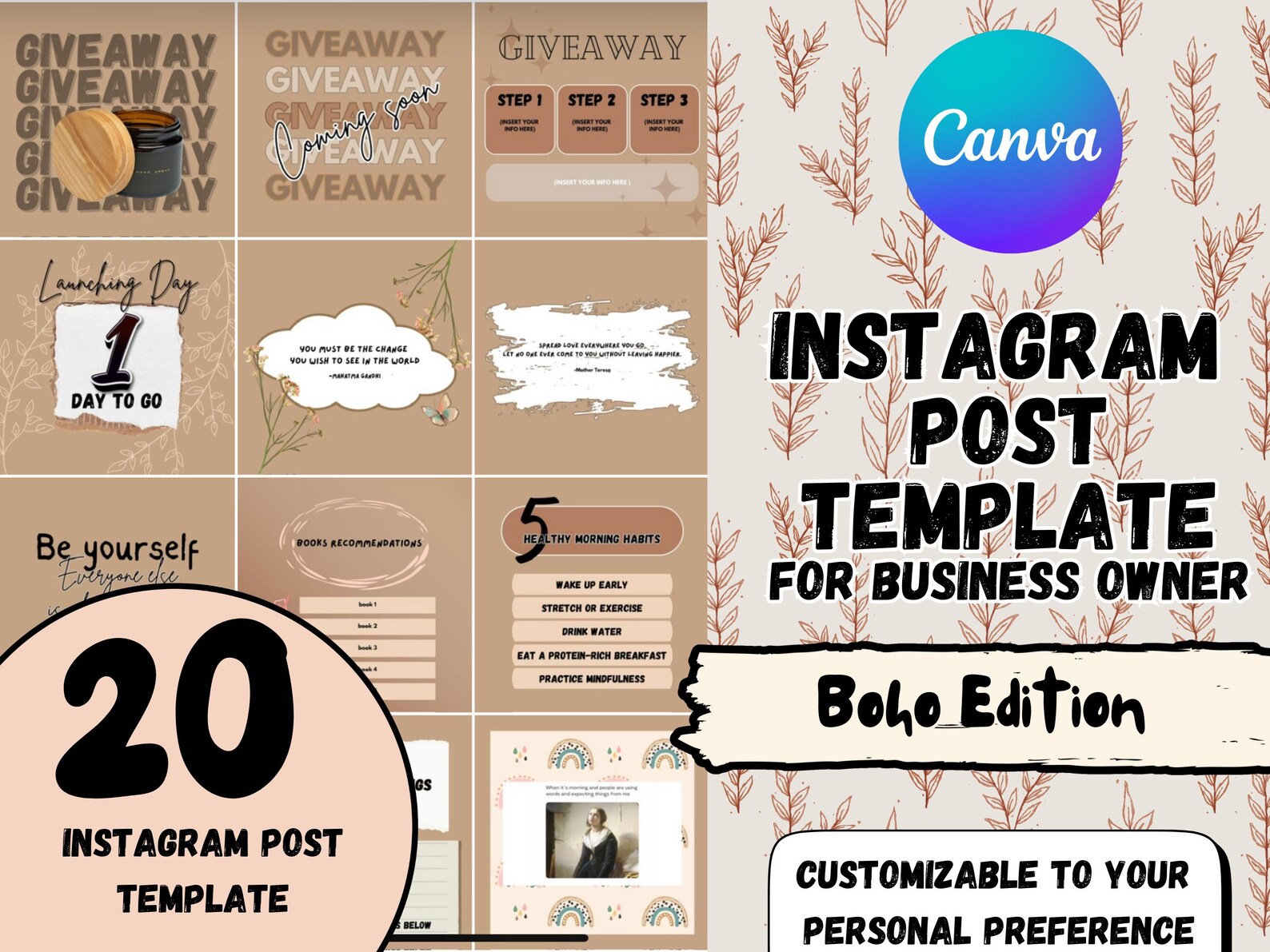 20 Instagram Post Template for Business Owner Boho Edition | Brown ...