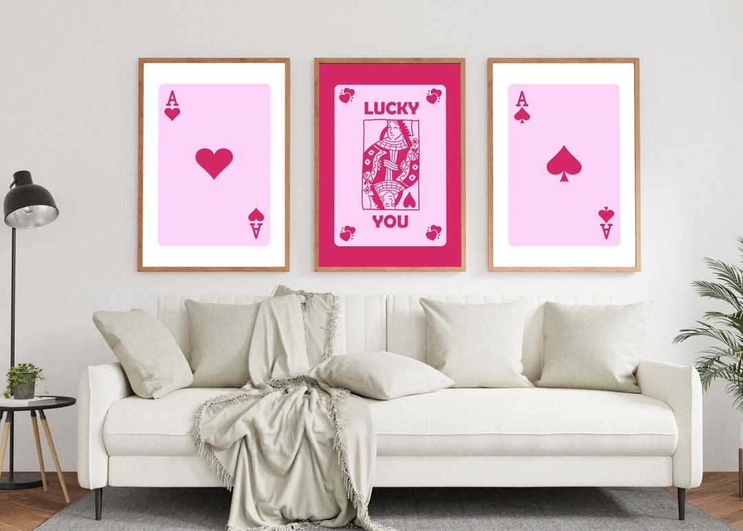 Pink Ace Card Poster Set of 3, Trendy Retro Wall Art, Lucky You Poster ...