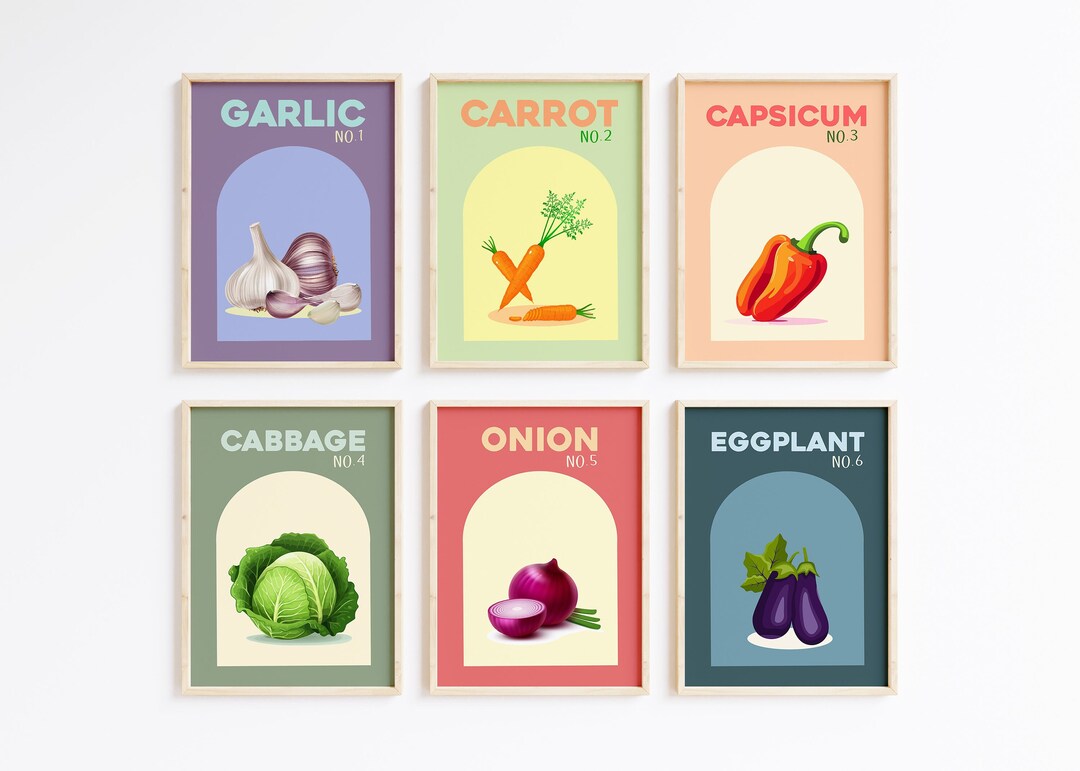 Kitchen Retro Poster Set of 6, Retro Vegetable Art Posters, Kitchen ...
