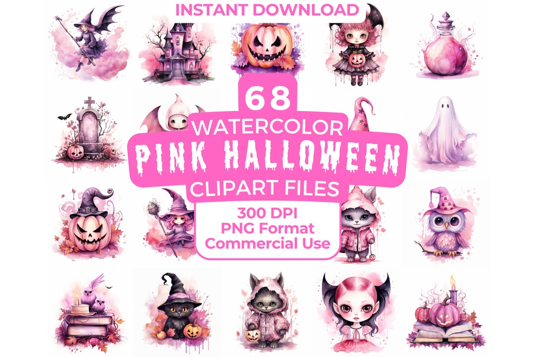 Pink Watercolor Halloween Clipart Bundle of 50 Digital Art Images With ...