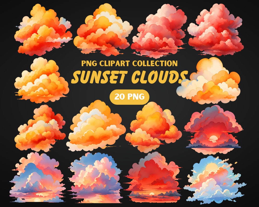 Sunset Clouds Clipart, Watercolor Cloud Bundle, Sundown Clouds ...
