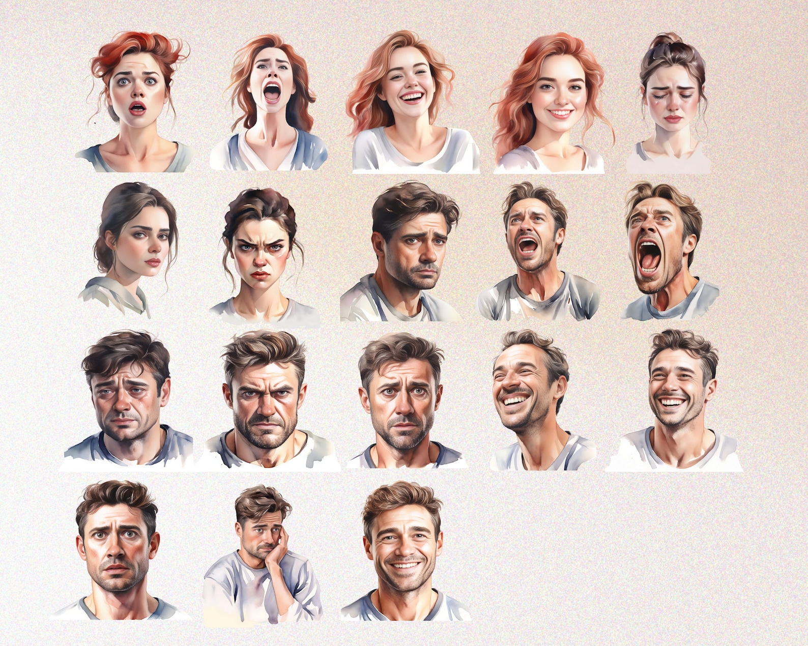 Watercolor Emotion Faces Clipart, Portraits Bundle, Human Expressions ...