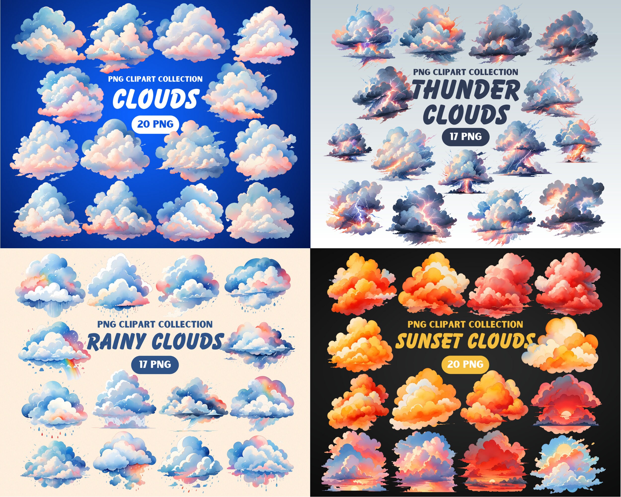 Clouds Clipart Bundle, White Clouds, Rain Clouds, Sunset Clouds ...