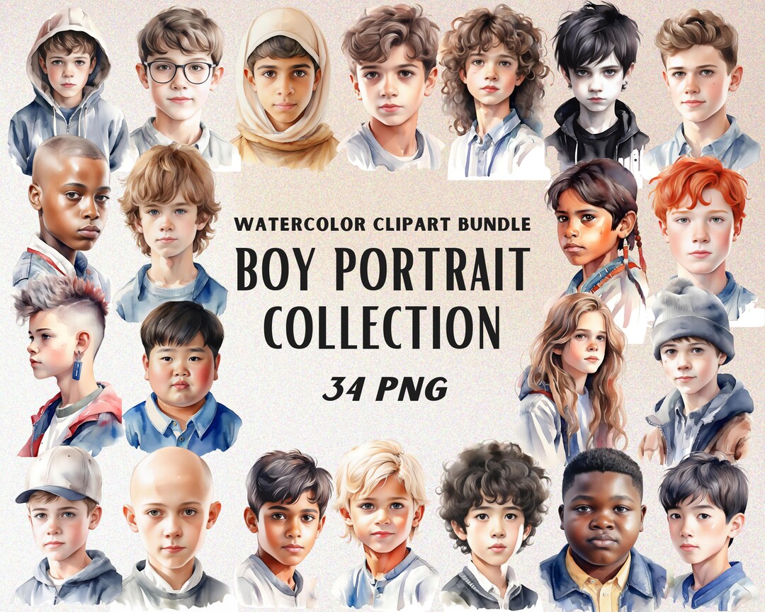 Watercolor Boys Portrait Clipart Collection, Kids Faces, Young Man With ...