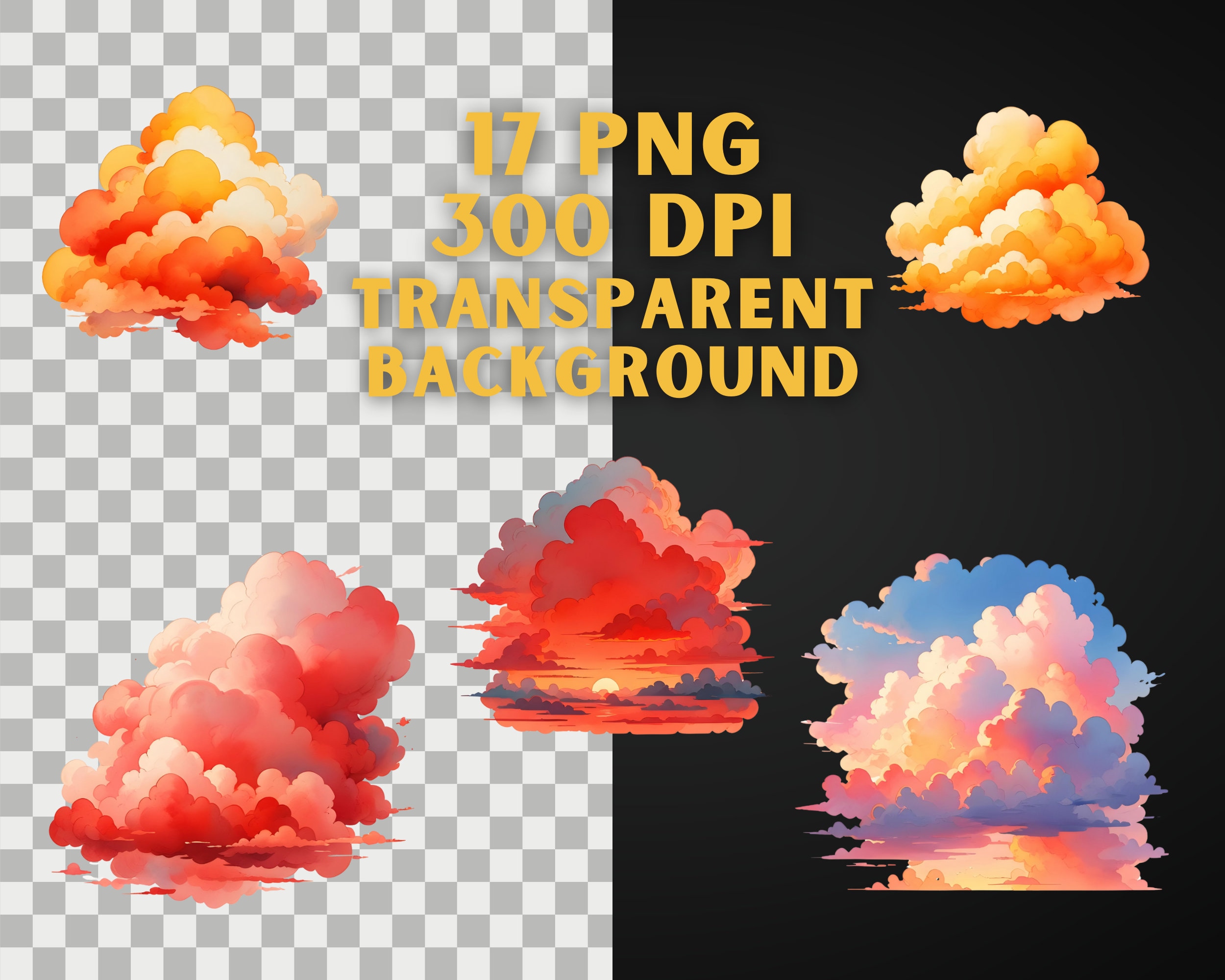 Sunset Clouds Clipart, Watercolor Cloud Bundle, Sundown Clouds ...