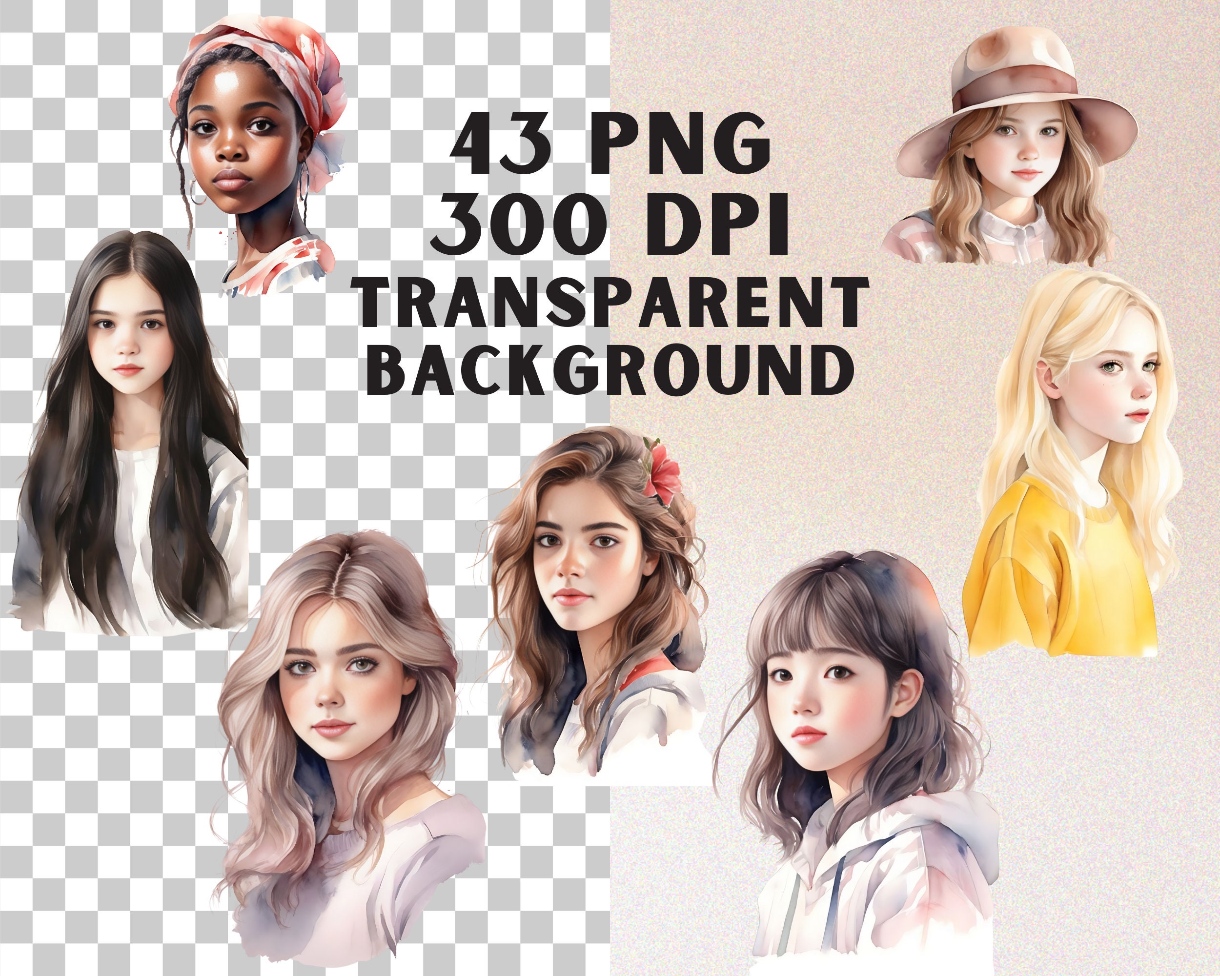 Watercolor Girl Portrait Clipart Collection, Kids Faces, Young Women ...