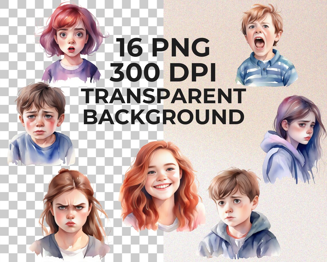 Watercolor Kids Emotion Faces Clipart, Portraits Bundle, Human ...