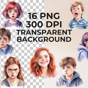 Watercolor Kids Emotion Faces Clipart, Portraits Bundle, Human ...