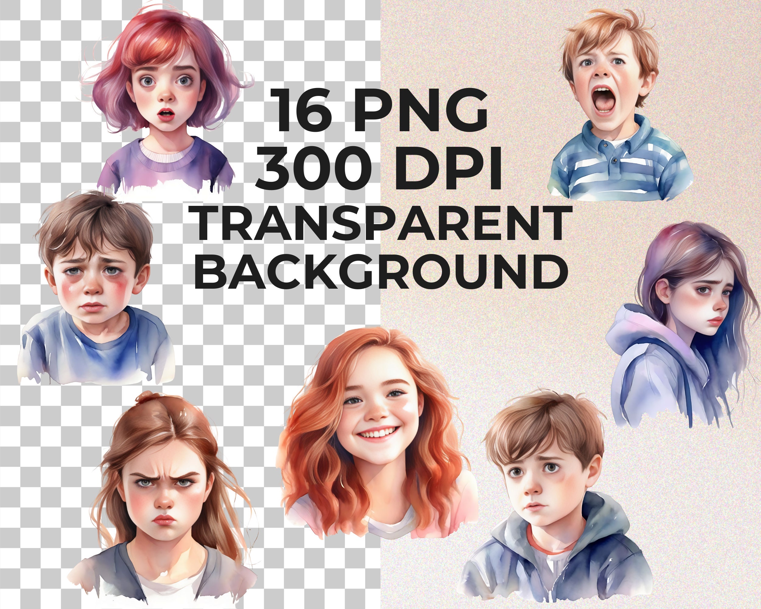 Watercolor Kids Emotion Faces Clipart, Portraits Bundle, Human ...