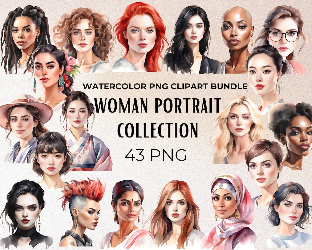 Watercolor Women Portrait Clipart Collection, Girls Pretty Faces, Woman ...