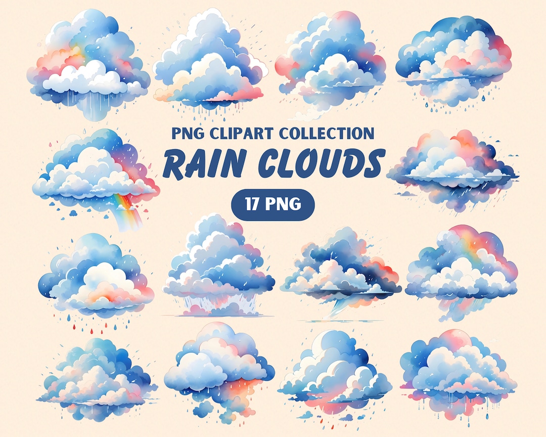 Rain Cloud Clipart, Watercolor Rainy Clouds Bundle, Raindrops ...