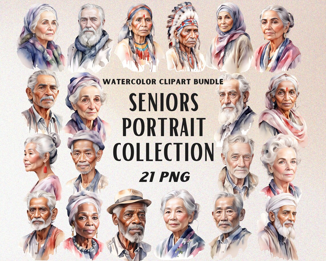 Elderly Portrait Clipart, Grandparents Collection, Watercolor Senior ...