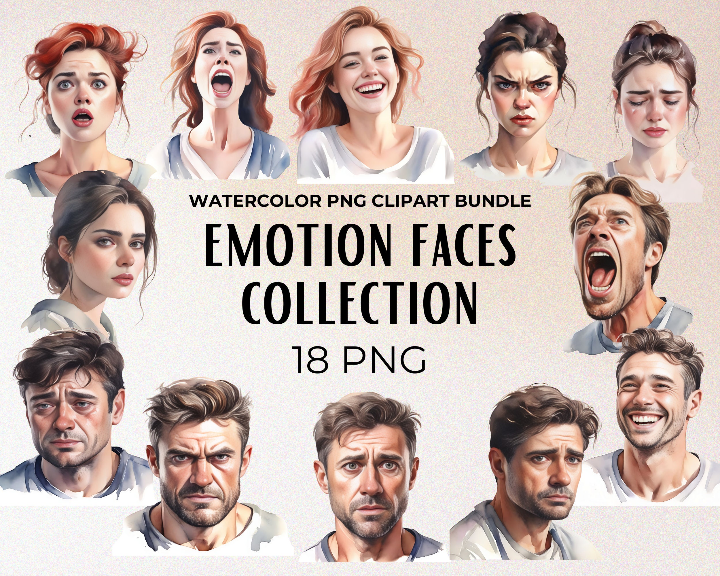 Watercolor Emotion Faces Clipart, Portraits Bundle, Human Expressions ...