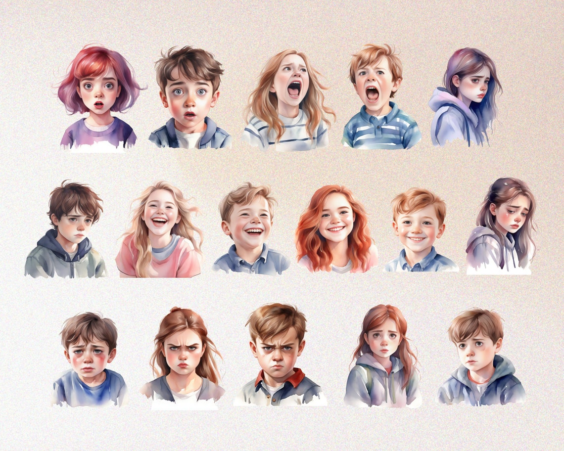 Watercolor Kids Emotion Faces Clipart, Portraits Bundle, Human ...