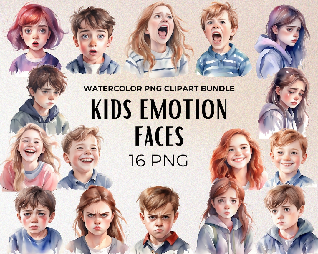 Watercolor Kids Emotion Faces Clipart, Portraits Bundle, Human ...