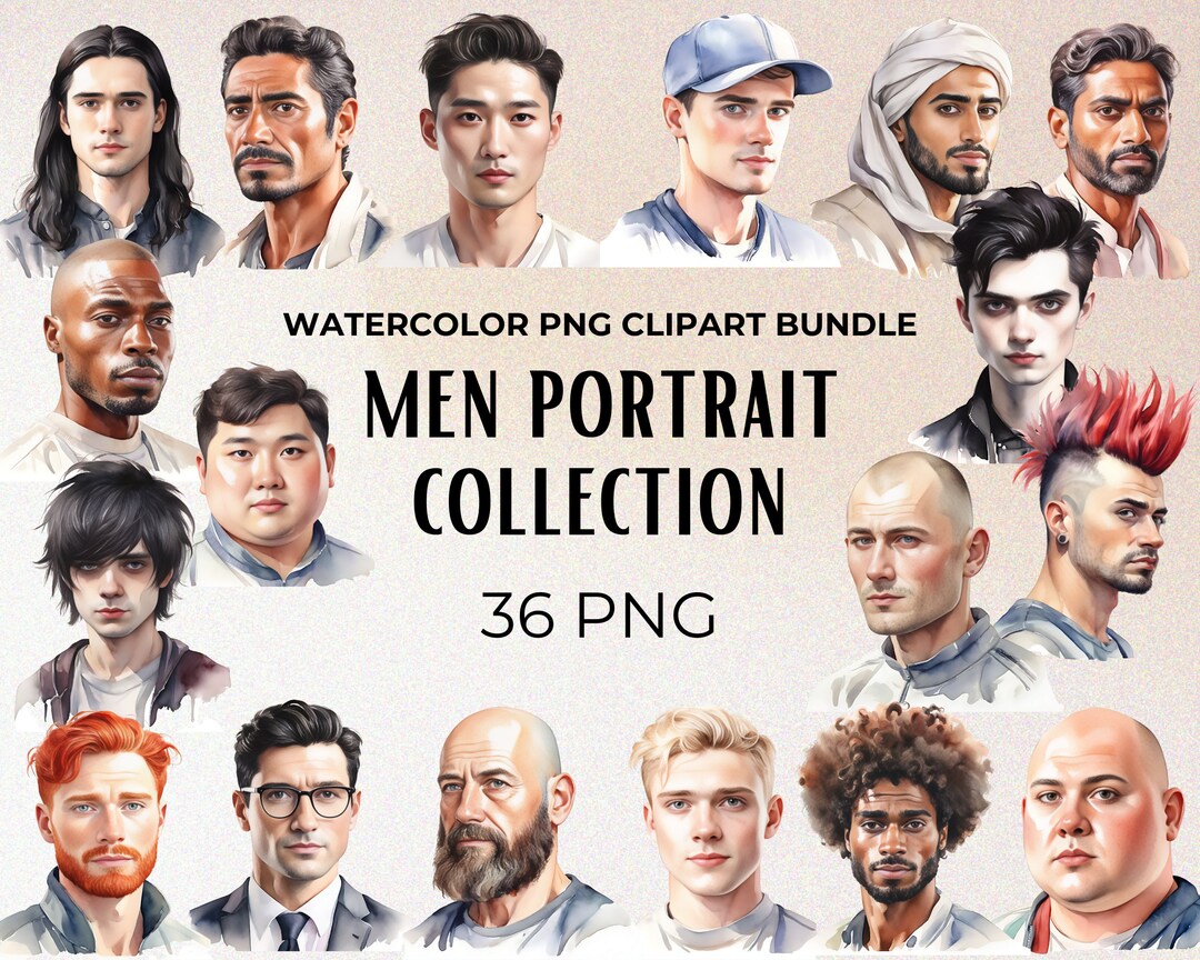 Watercolor Men Portrait Collection, Handsome Faces Bundle, Man Portrait ...
