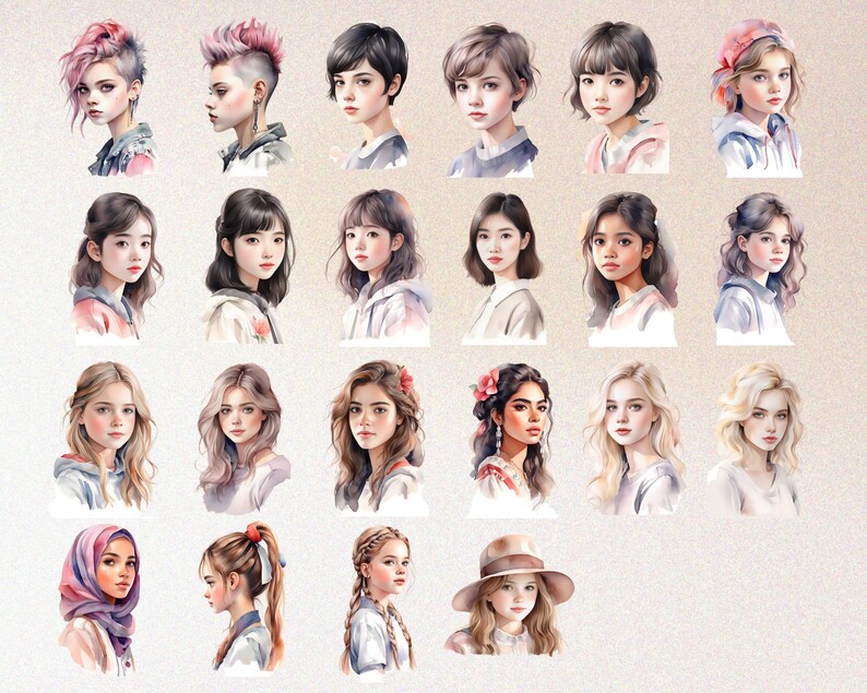 Watercolor Girl Portrait Clipart Collection, Kids Faces, Young Women ...