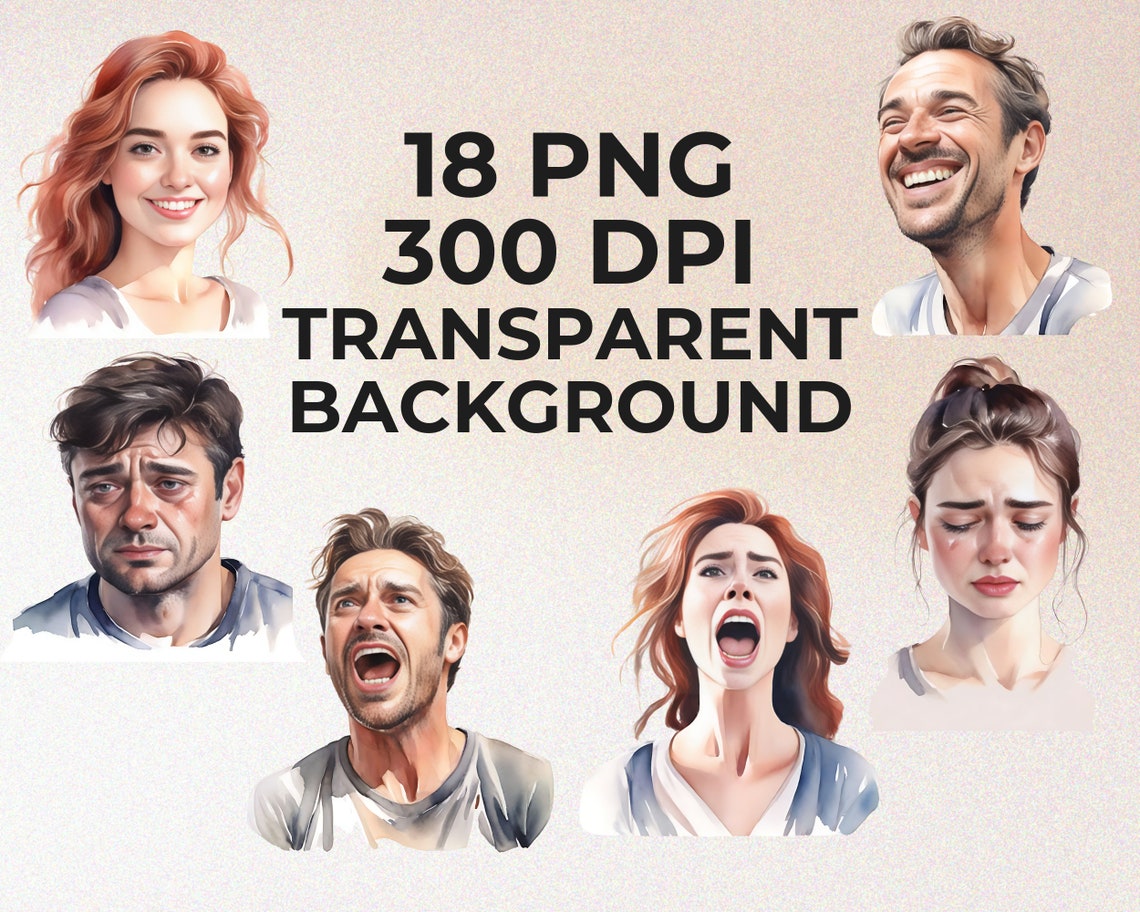 Watercolor Emotion Faces Clipart, Portraits Bundle, Human Expressions ...