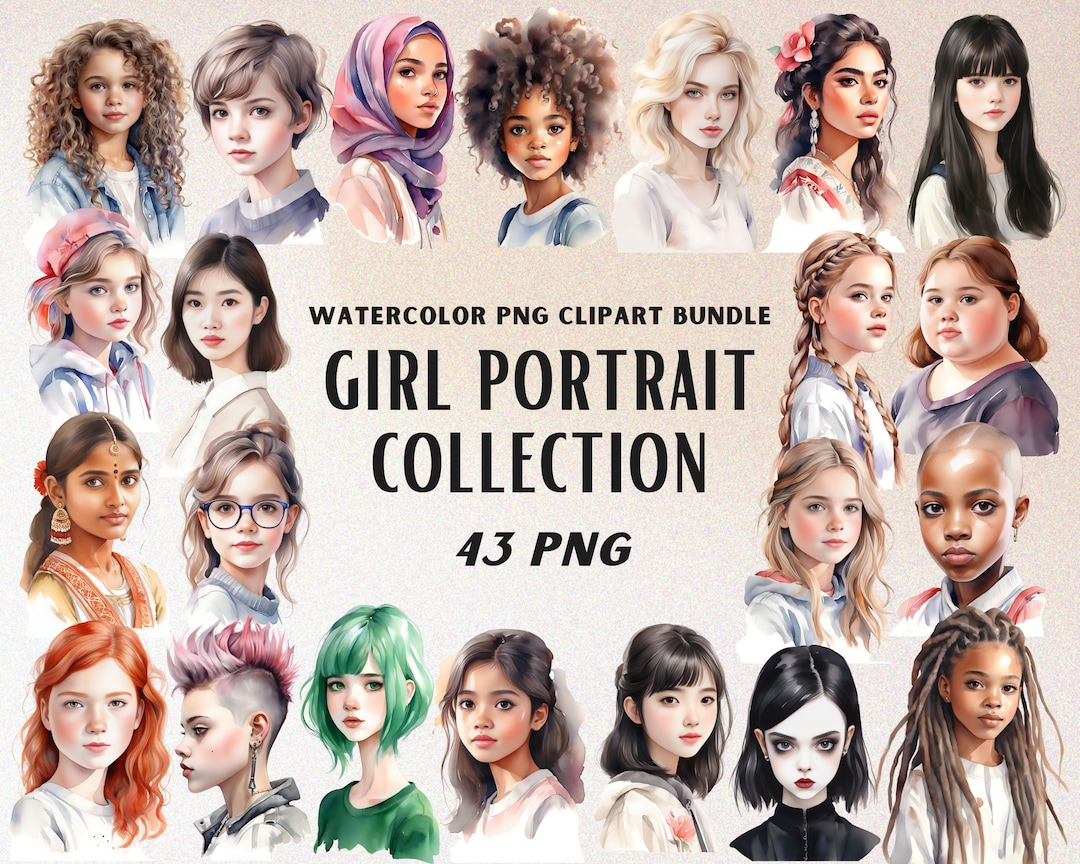 Watercolor Girl Portrait Clipart Collection, Kids Faces, Young Women ...