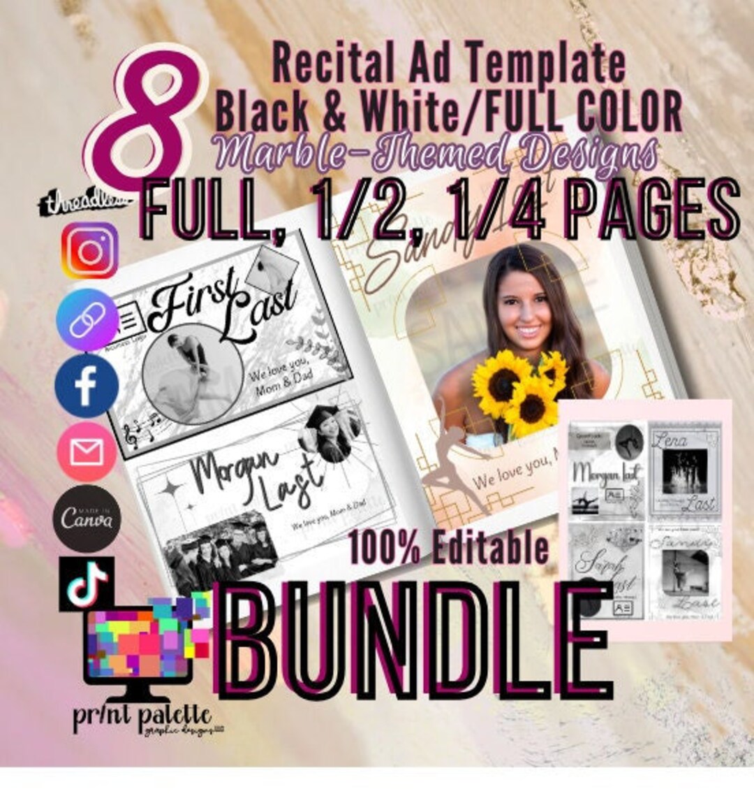 BUNDLE 8 FULL 1/2 1/4 Page Templates Ad Marble Theme - B/W Colored ...
