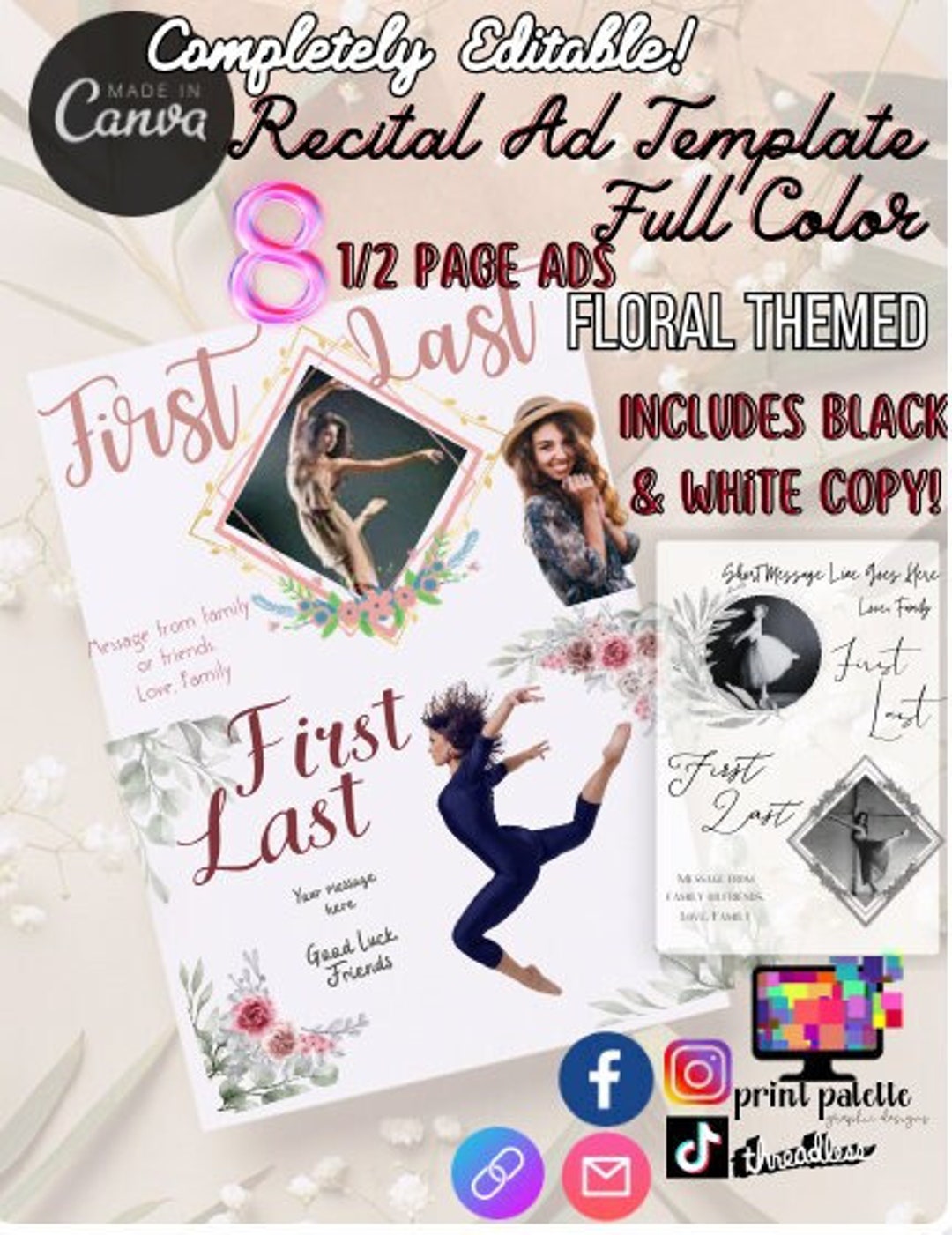 8 HALF Page Floral Themed Color Templates for Program Ad Pages - Black ...