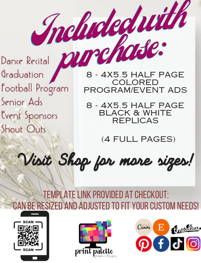 8 HALF Page Floral Themed Color Templates for Program Ad Pages - Black ...