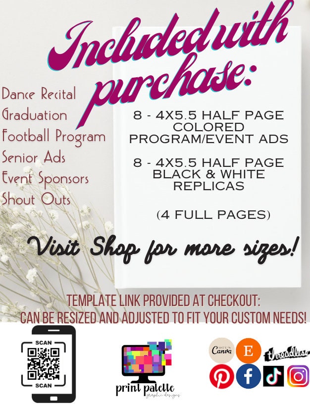 8 HALF Page Floral Themed Color Templates for Program Ad Pages - Black ...