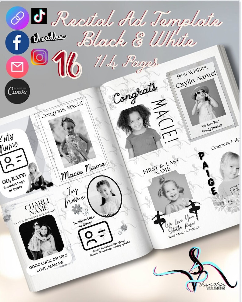 16 1/4 Page Templates for Program Ad Pages - Black and White Editable ...