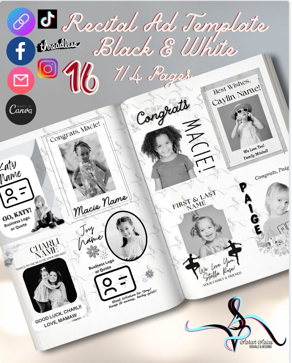 16 1/4 Page Templates for Program Ad Pages - Black and White Editable ...