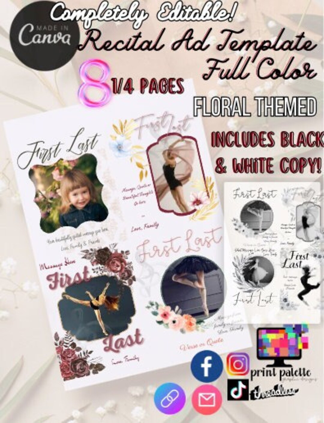 8 ONE FOURTH 1/4 Page Floral Themed Color Templates for Program Ad ...