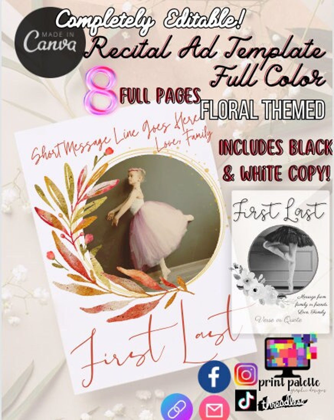 8 FULL Page Floral Themed Color Templates for Program Ad Pages - Black ...