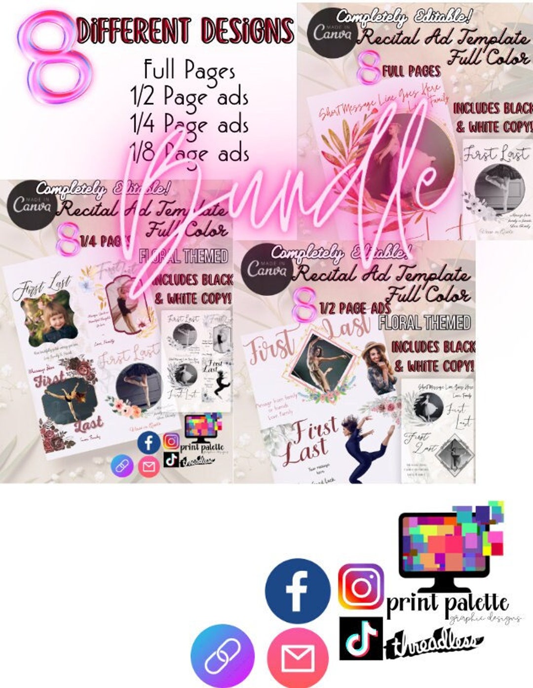 BUNDLE 8 Designs Full 1/2 1/4 1/8 Page Floral Themed Color Templates ...