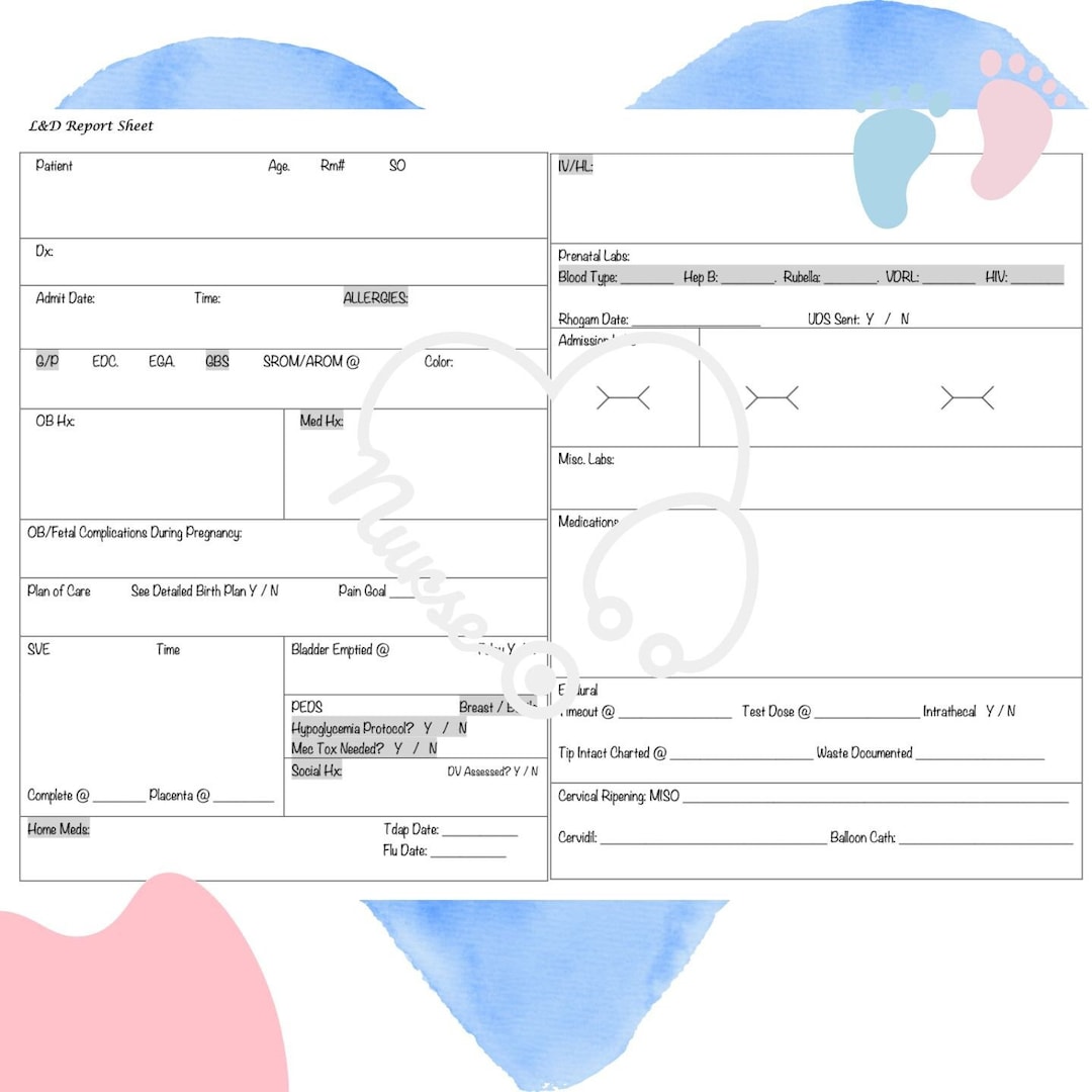 L&D Report Sheet, Nurse Brain Sheet, Labor and Delivery, Postpartum ...