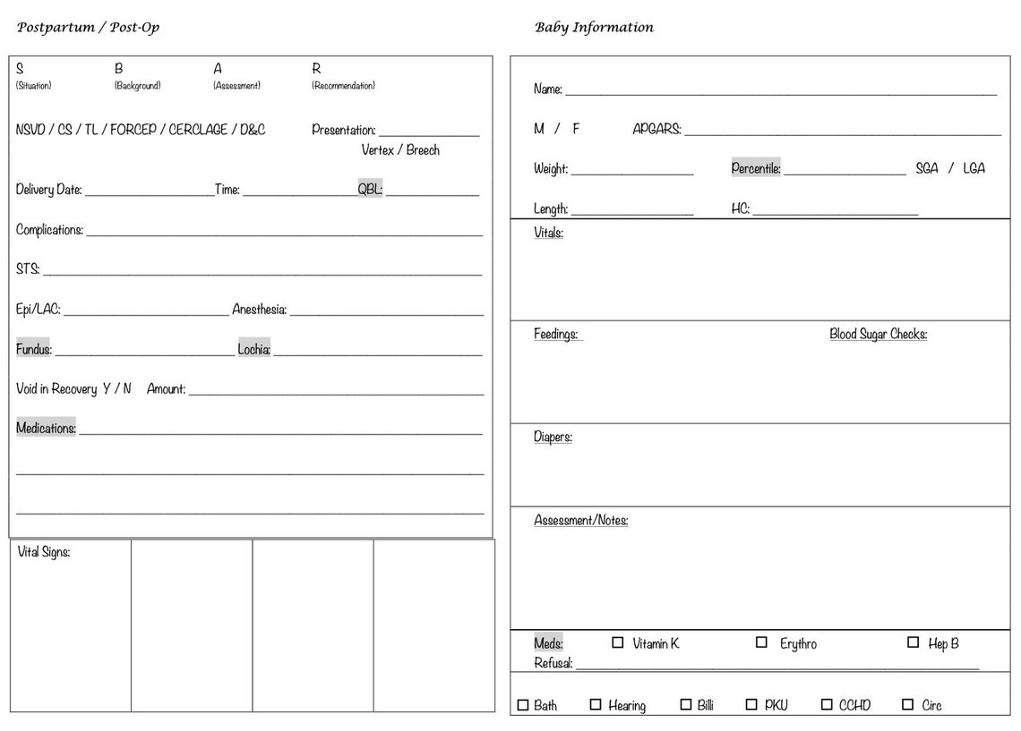 L&D Report Sheet, Nurse Brain Sheet, Labor and Delivery, Postpartum ...