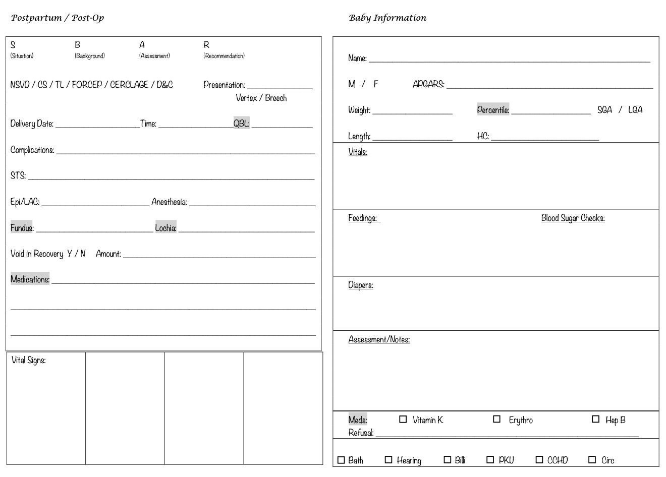 L&D Report Sheet, Nurse Brain Sheet, Labor and Delivery, Postpartum ...