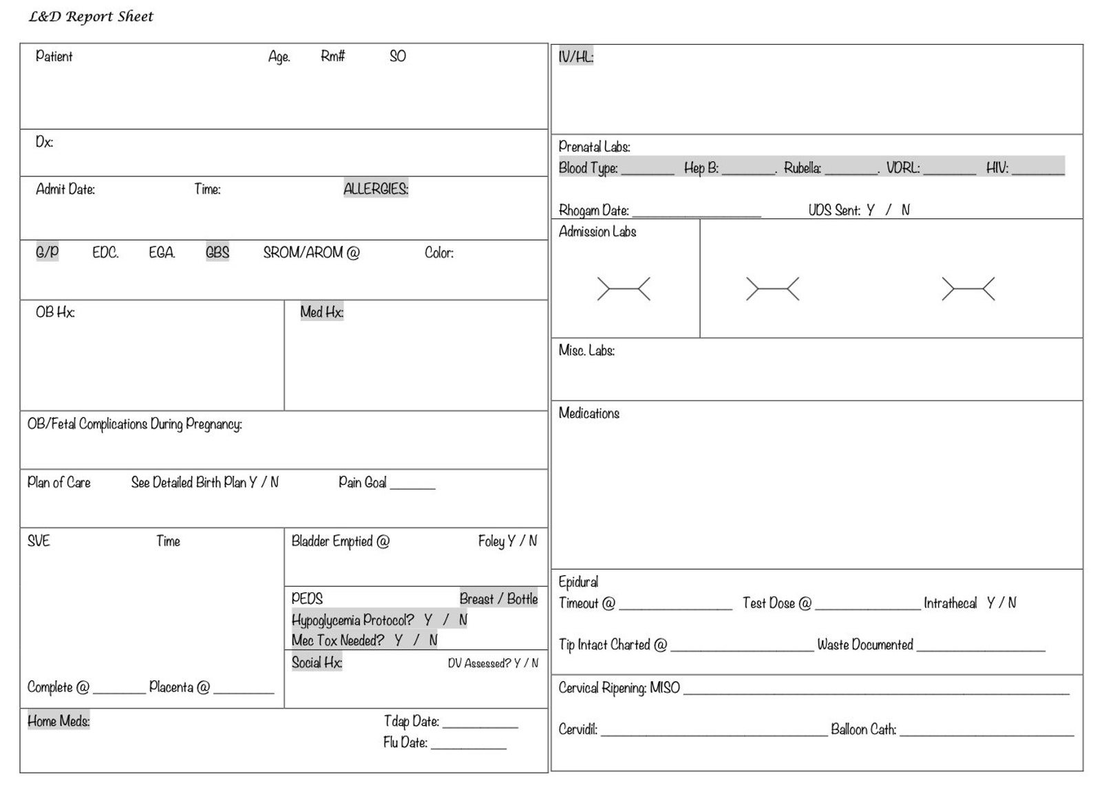 L&D Report Sheet, Nurse Brain Sheet, Labor and Delivery, Postpartum ...