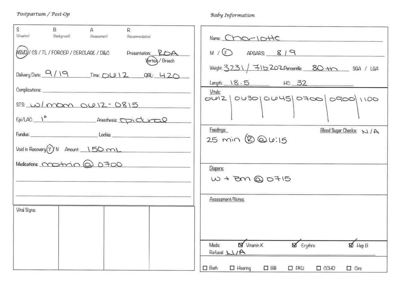L&D Report Sheet, Nurse Brain Sheet, Labor and Delivery, Postpartum ...