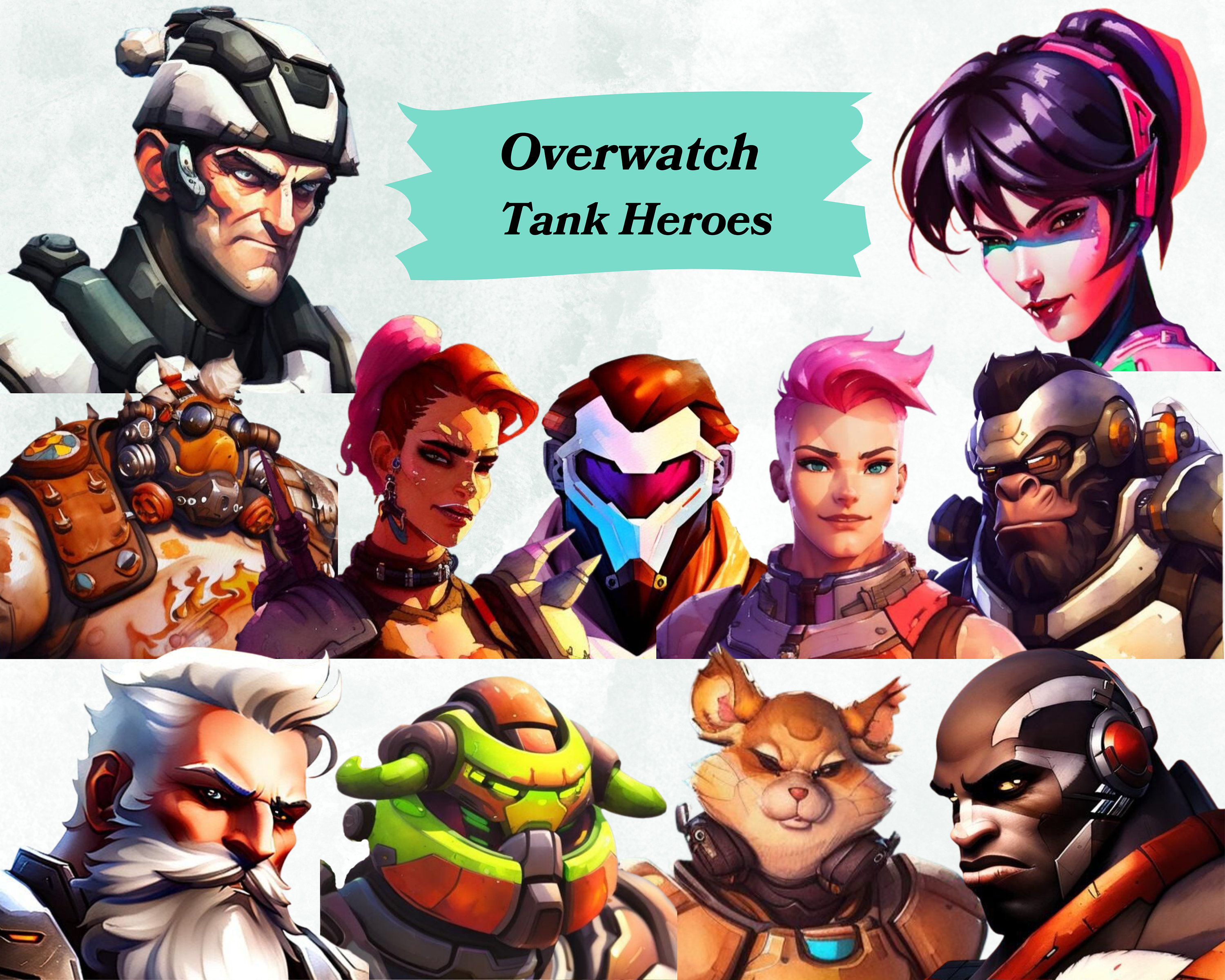 11 Overwatch Tank Hero Portraits PNG, Digital Watercolor Overwatch ...