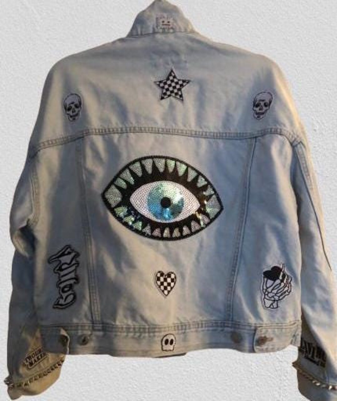 Light Blue Denim Jacket With Silver Spikes and White Embroidery Patches ...
