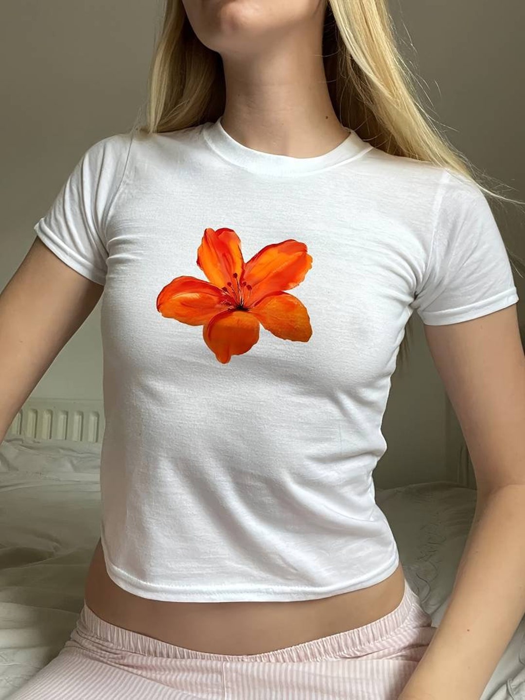 Orange Floral Iconic Baby Tee Y2k, Cute Baby Tee, Coquette Bow Tee, Y2k ...