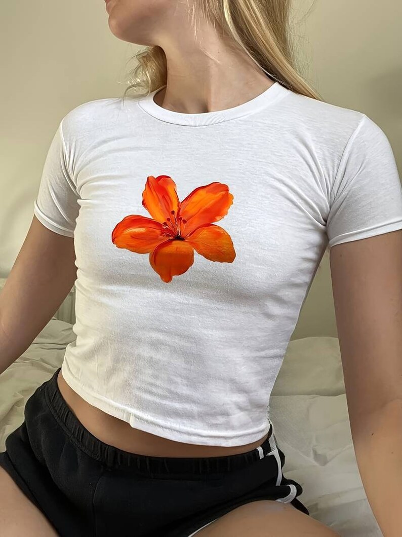 Orange Floral Iconic Baby Tee Y2k, Cute Baby Tee, Coquette Bow Tee, Y2k ...