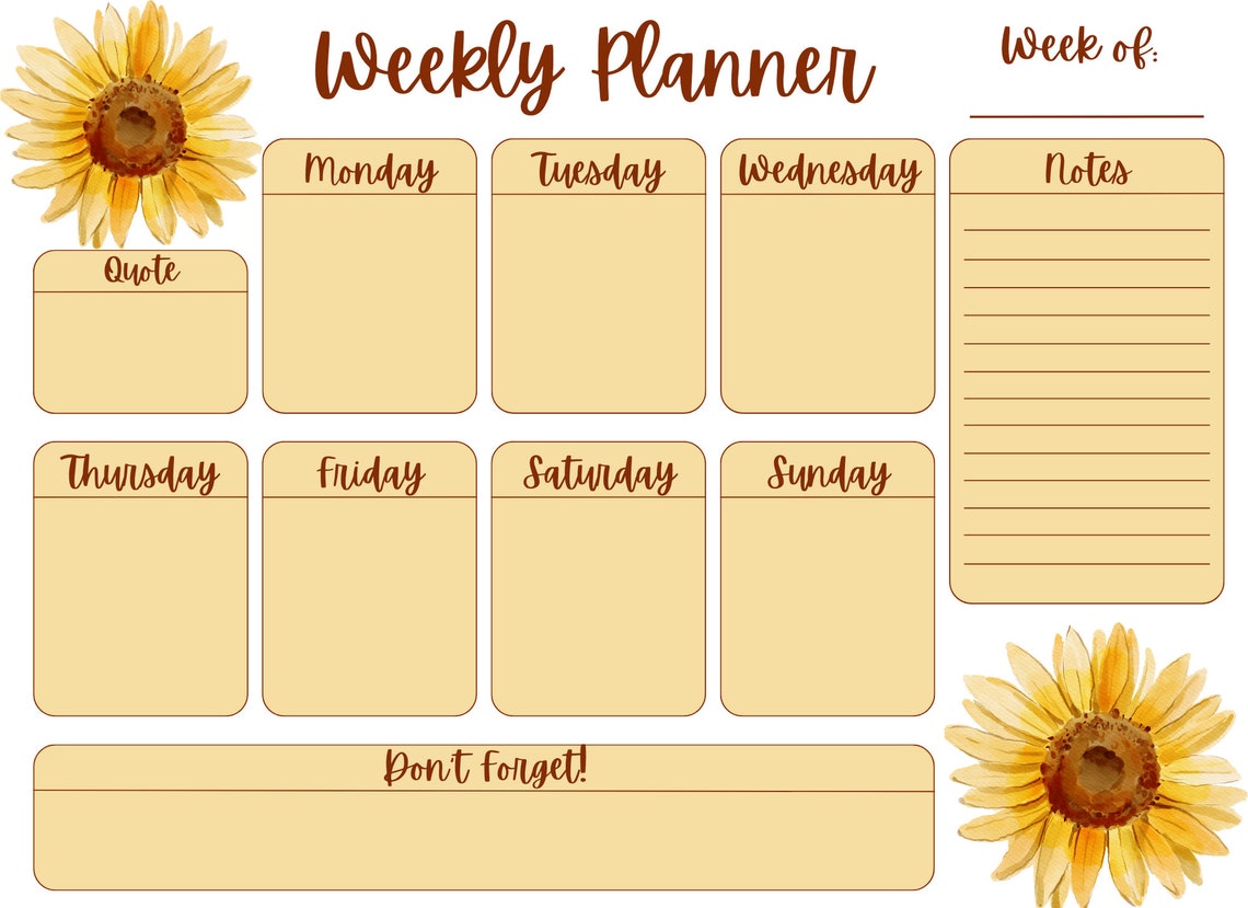 Sunflower Digital Weekly Notepad - Etsy