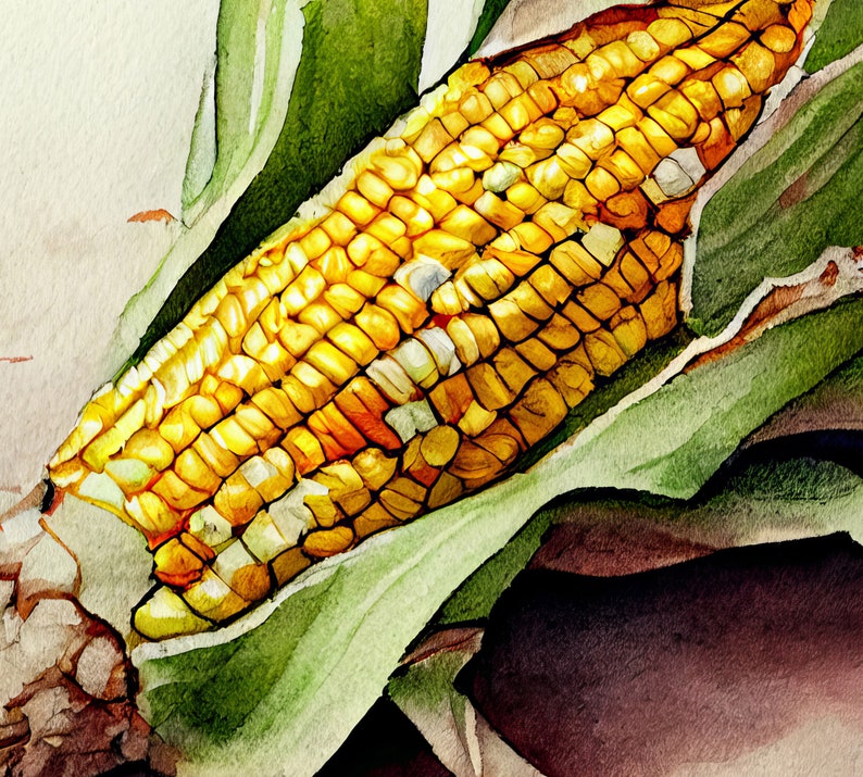 Watercolor Painting Print of Corn on the Cob With Leaves Opened Kernels ...