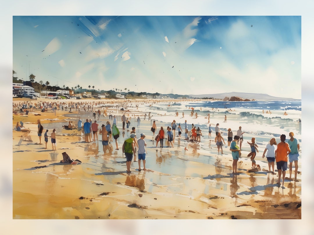 Crowded Beach Watercolor Print, Sandy Beach Decor, Fine Paper Print ...